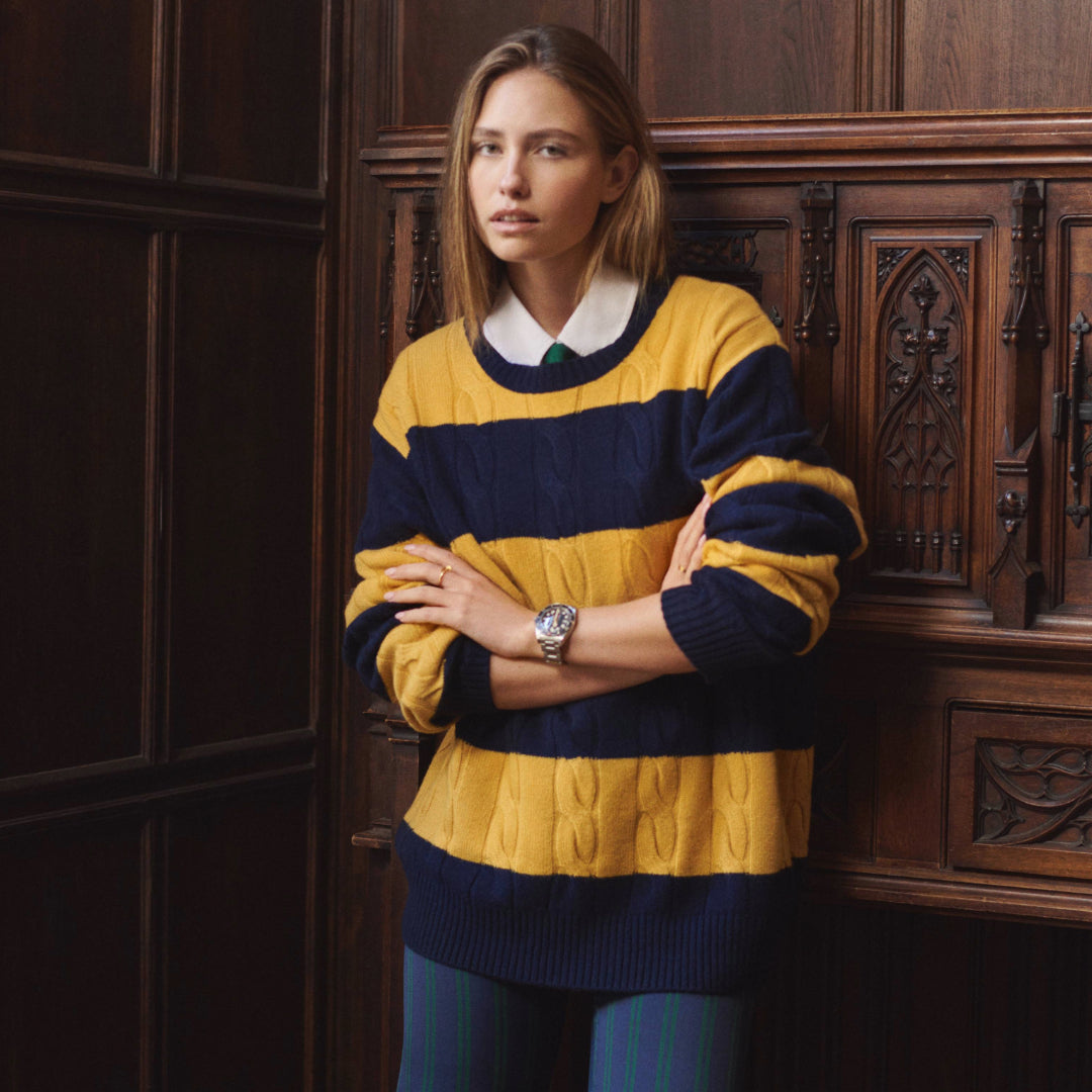 Men's Cashmere Block Stripe Sweater Gold/Navy – Rowing Blazers